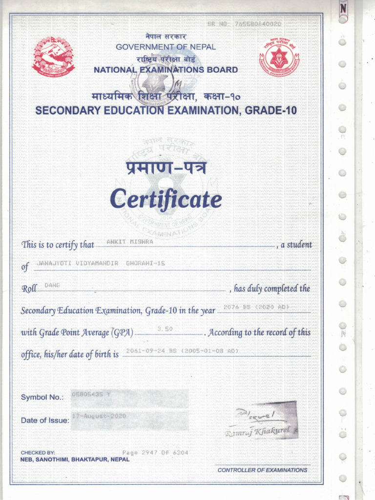 10th Certificate - Ankit Mishra | PDF
