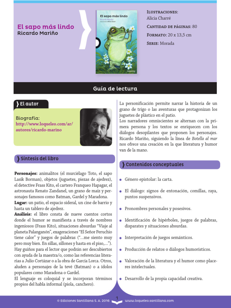 El Sapo Más Lindo: Guía de Lectura | PDF | Humor