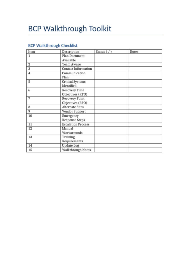 BCP Walkthrough Toolkit | PDF