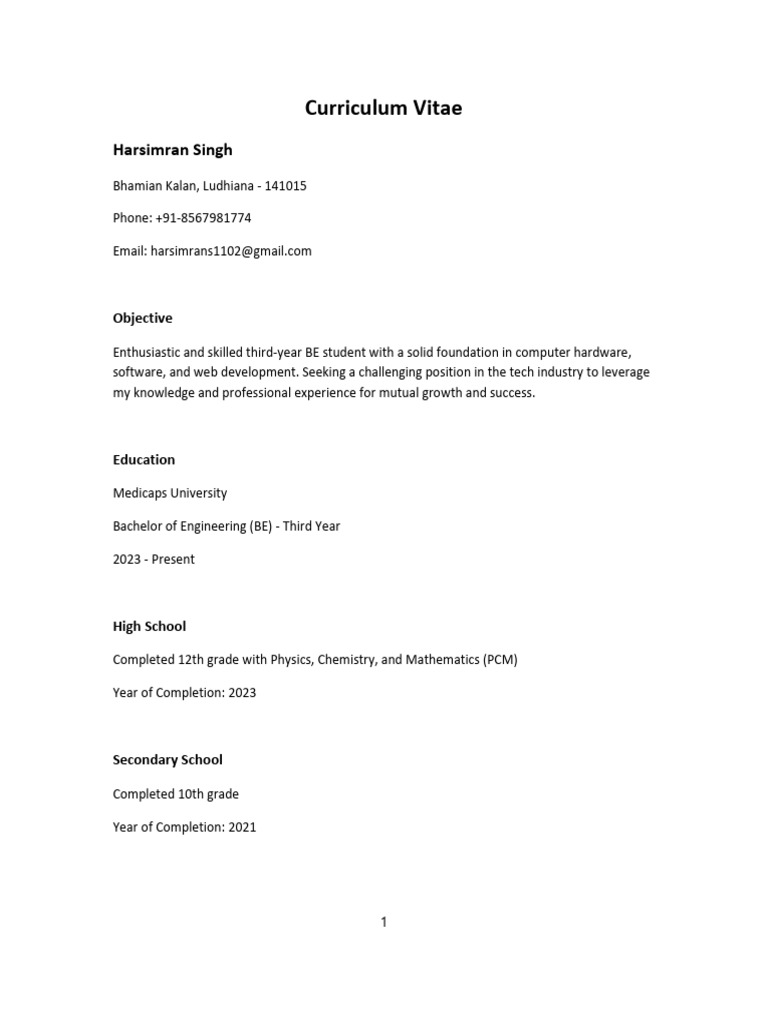 Curriculum Vitae: Harsimran Singh | PDF