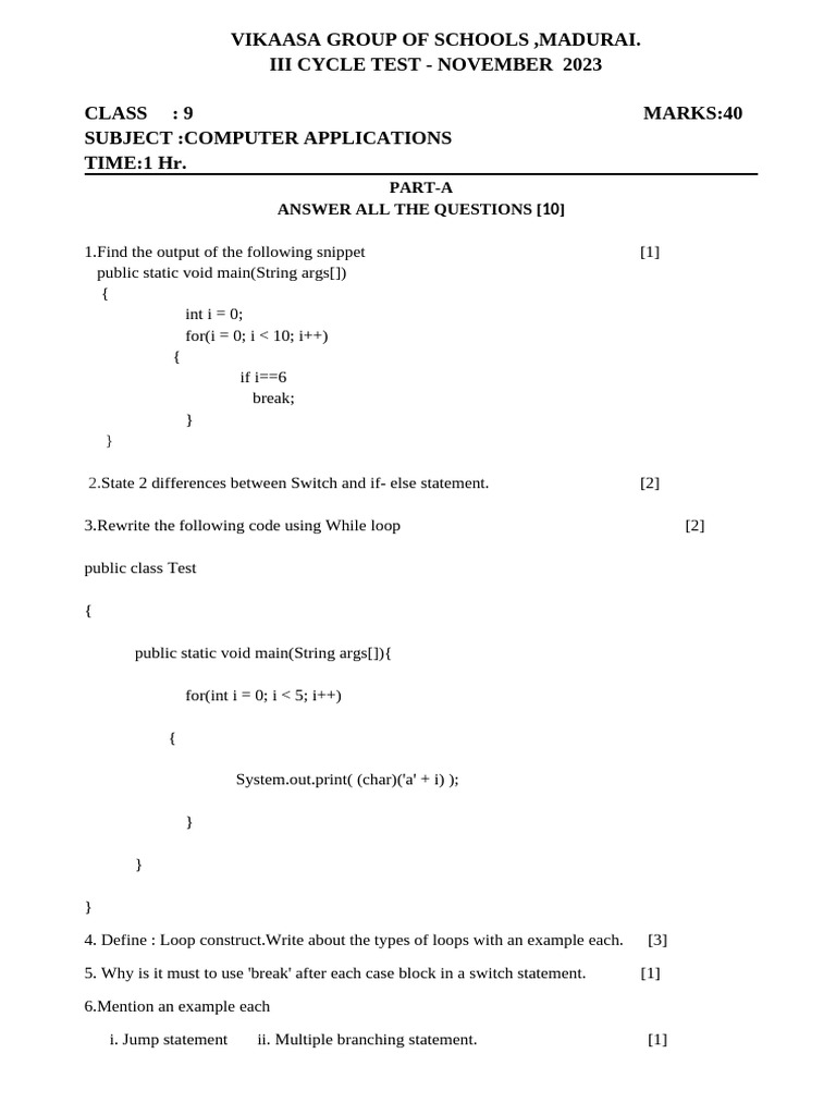 Grade 9 Computer Applications-III CYCLE TEST | PDF