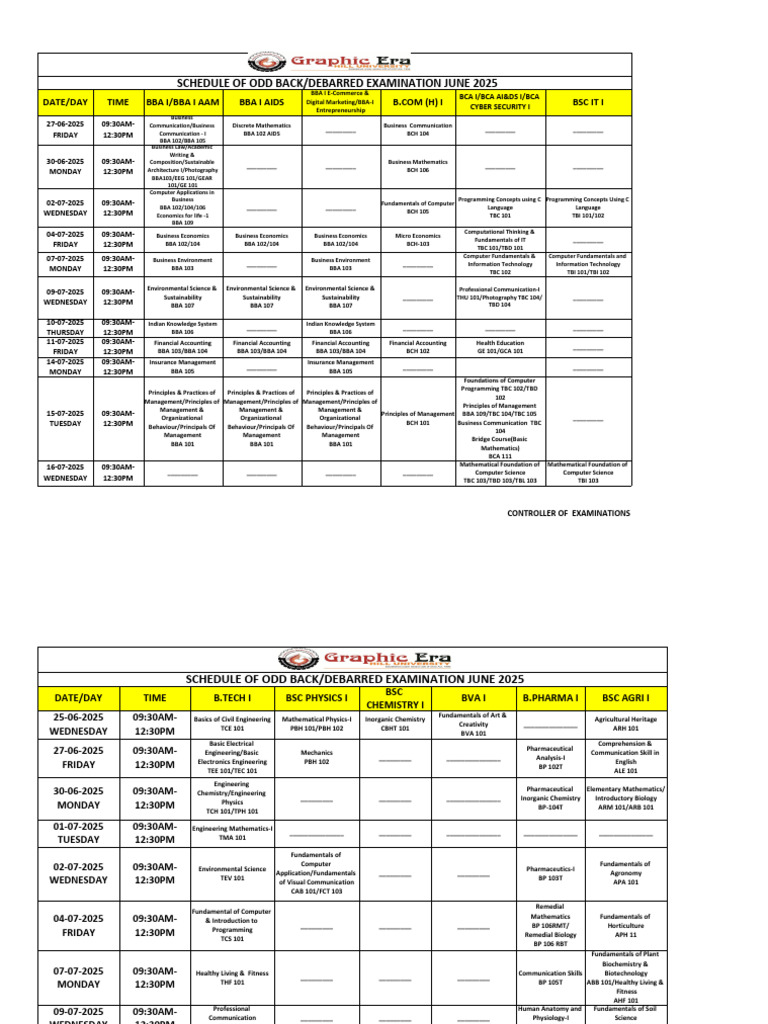 Final Schedule For Odd Debarred Back Exam June 2025 | PDF