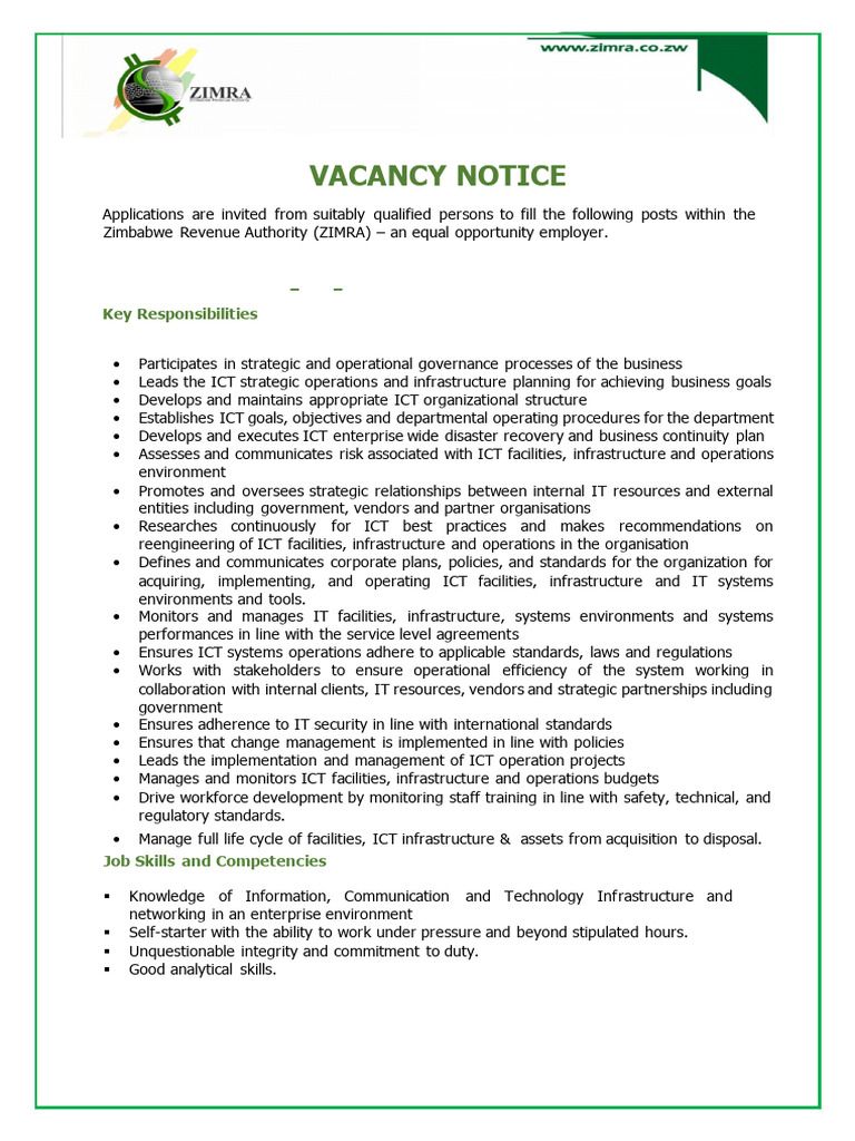 Zimra Ict Jobs Advert-16!05!2025 | PDF | Infrastructure | Information And Communications Technology