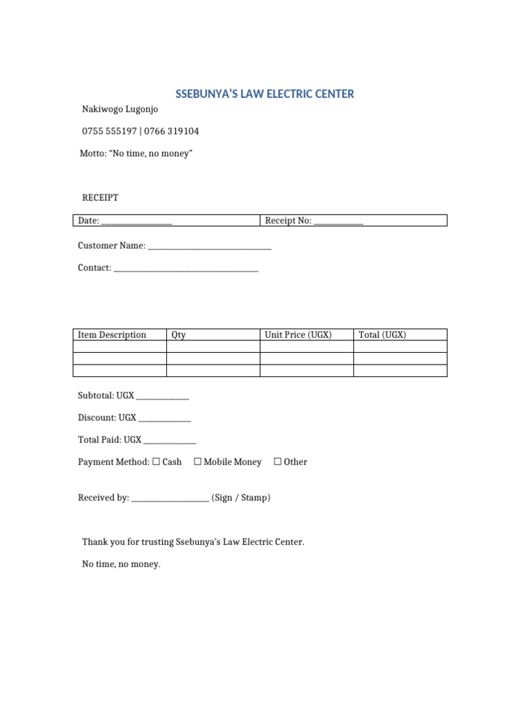 Ssebunya Electric Receipt Template-1 | PDF