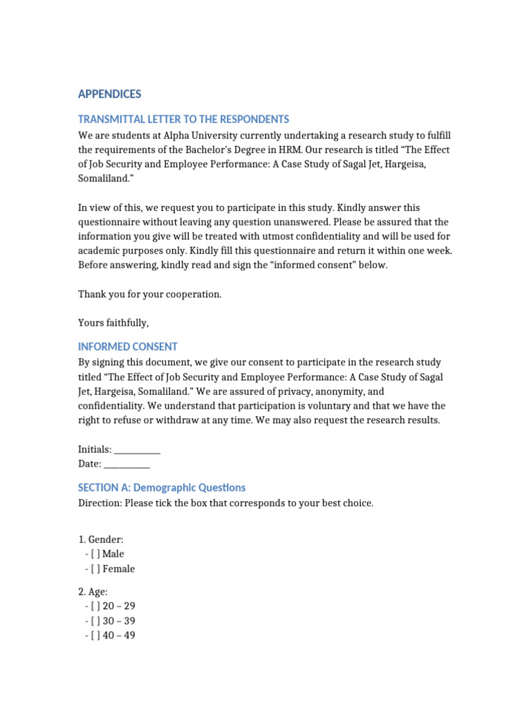 Job Security and Employee Performance Questionnaire | PDF | Business