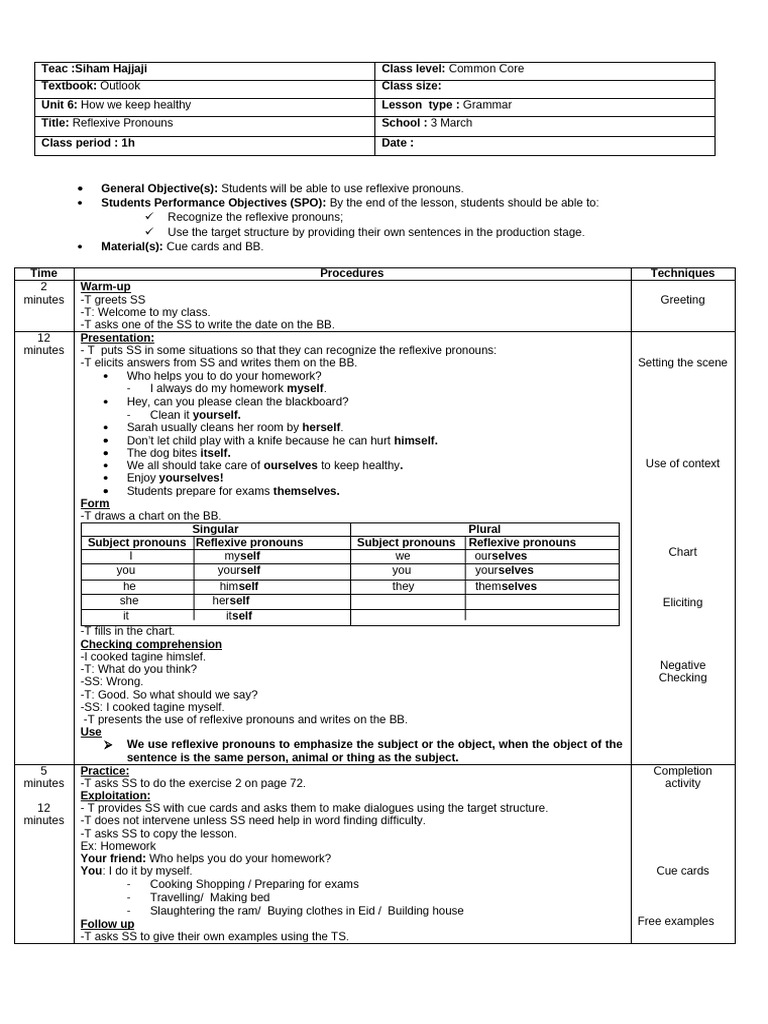 Reflexive Pronouns Lesson Plan | PDF | Pronoun | Language Mechanics
