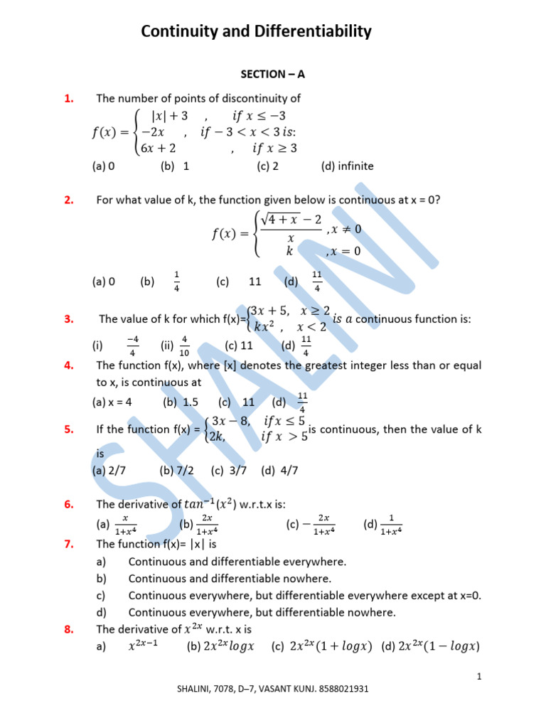 Continuity & Differentiability Assignment | PDF | Functions And Mappings | Mathematical Concepts