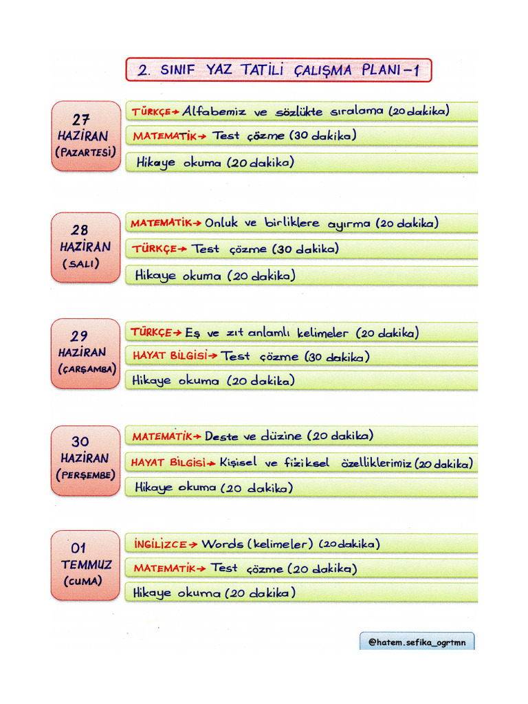 2.sinif Yaz Tatili Calisma Plani 1 | PDF