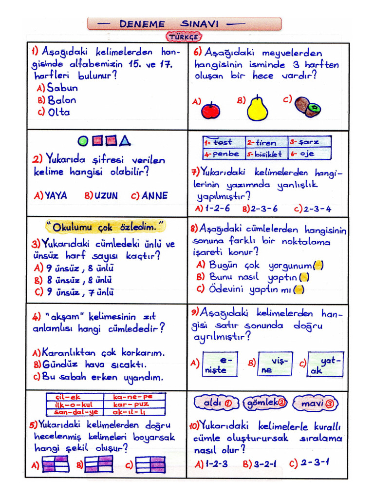 Sinifa Hazirlik Deneme Sinavi Turkce | PDF