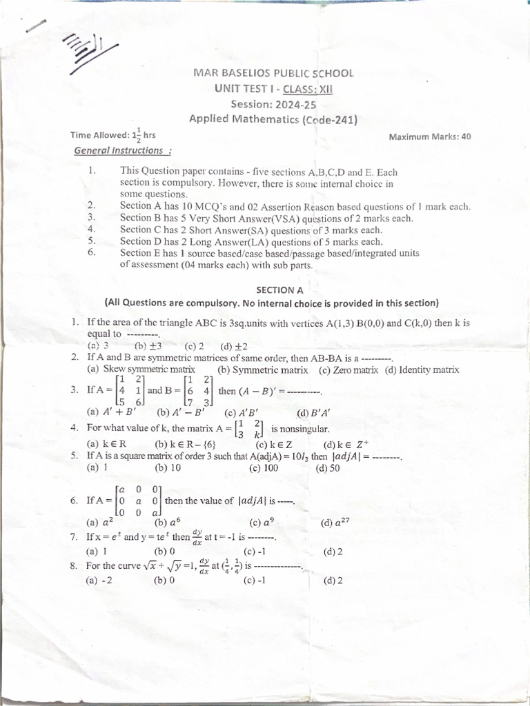 CBSE XII Unit Test 1 Applied Mathematics 2025 | PDF