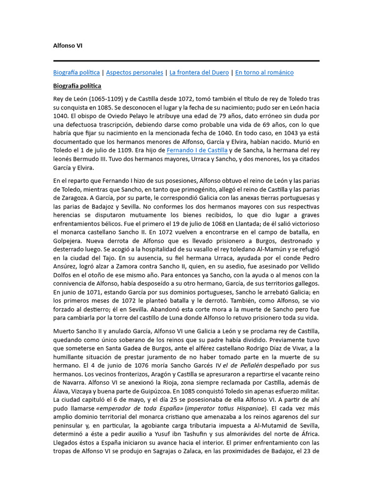 Biografía de Alfonso VI: Rey de León y Castilla | PDF