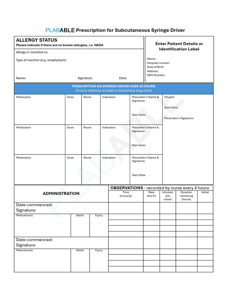 Plabable Syringe Driver Chart Sample (Modified From GMC) | PDF ...