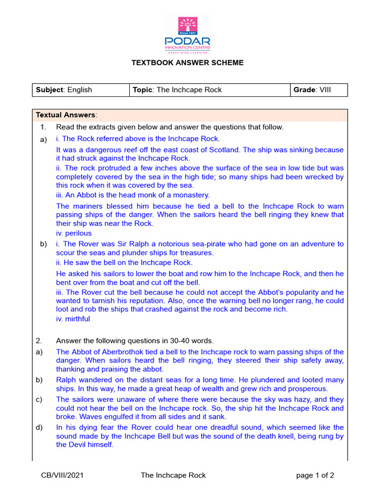 Textbook Answer - VIII - Eng - The Inchcape Rock - Docx STD 8 | PDF