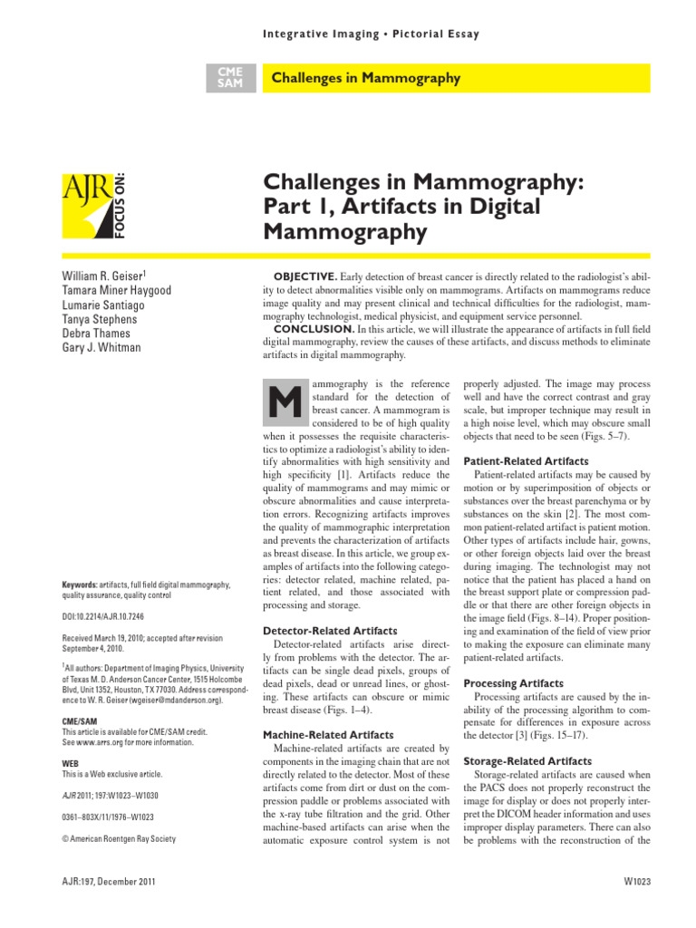 Artifacts in Digital Mammography | PDF | Mammography