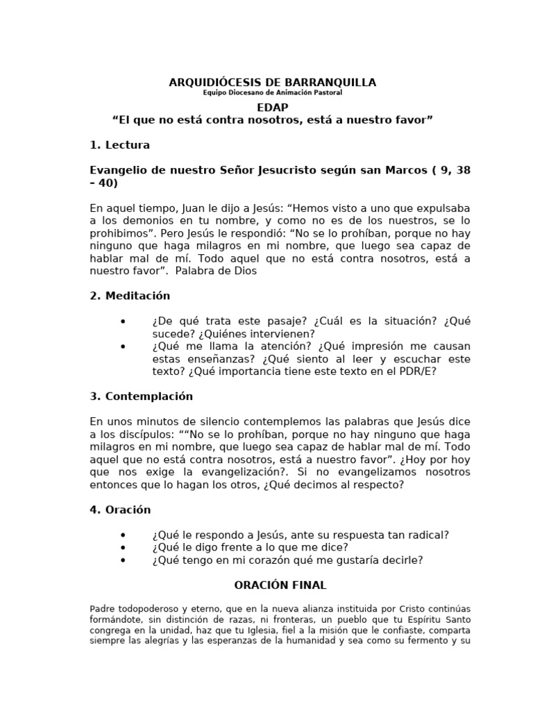 Taller de Lectio Divina Marcos 9, 38-40 | PDF