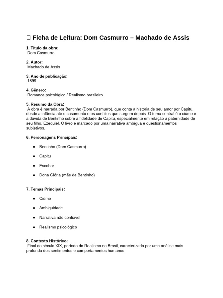 Ficha de Leitura Dom Casmurro - Machado de Assis | PDF