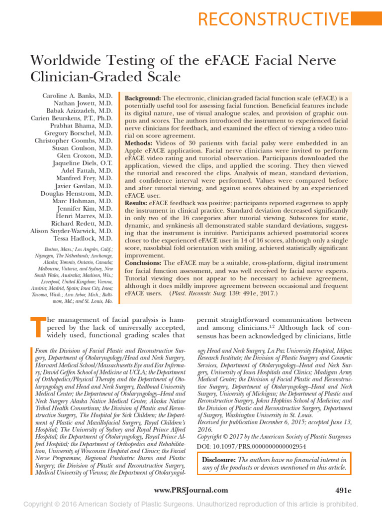 2017 Banks Worldwide Testing of The EFACE Facial Nerve Clinician-Graded ...