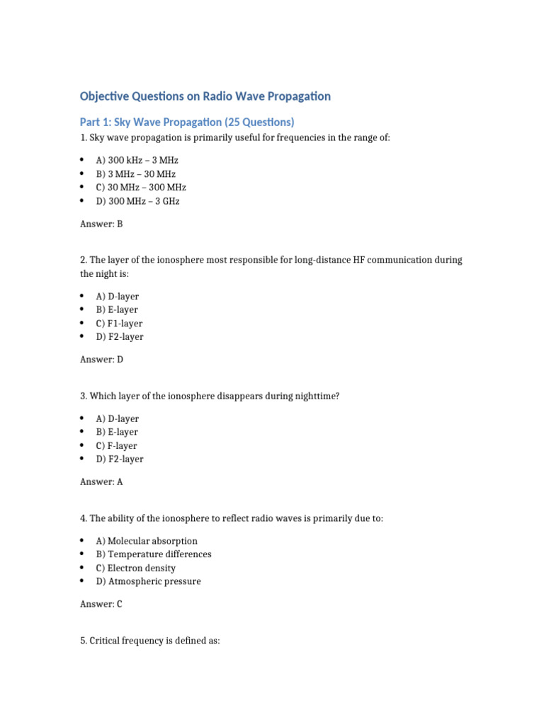 Sky Wave Propagation Questions | PDF | Ionosphere | Radio Propagation