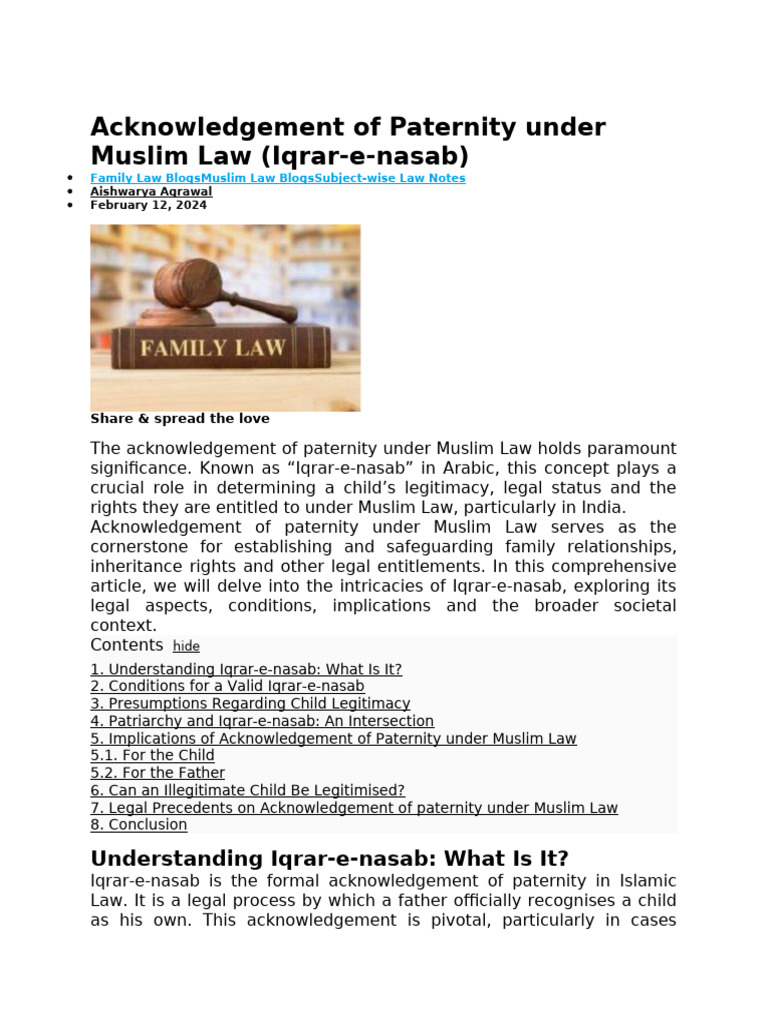 Acknowledgement of Paternity in Muslim Law | PDF | Legitimacy (Family Law) | Marriage