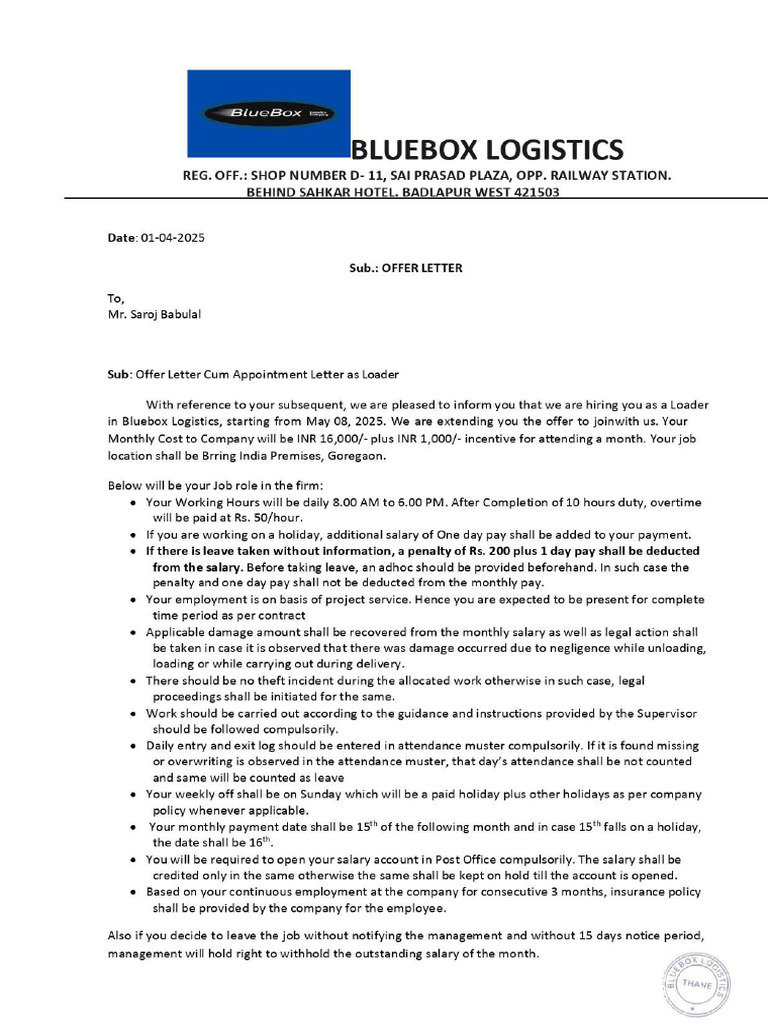 Offer Letter-Saroj Babulal | PDF