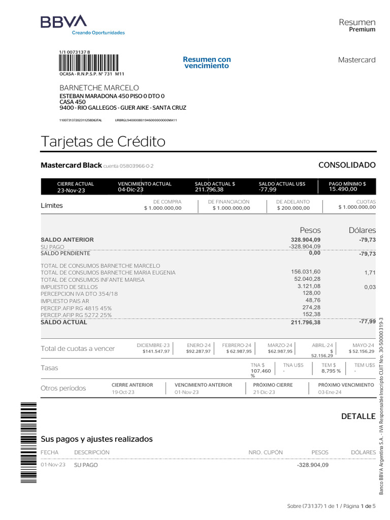 Resumen Tarjeta Mastercard Black Nov 2023 | PDF | Interés | Tarjeta de ...