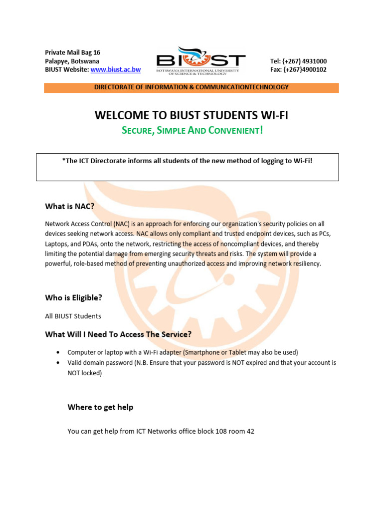 BIUST Wi-Fi Access Guide for Students | PDF | Password | Wi Fi