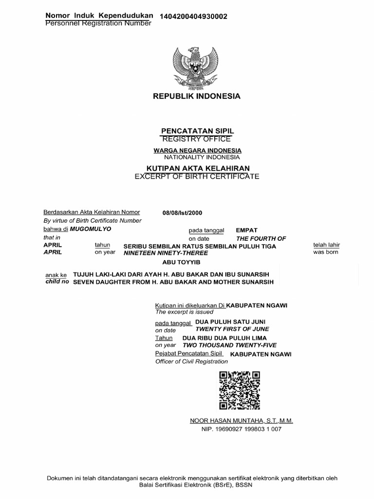 Akta Kelahiran - Abu Toyyib - Capil Ngawi - 20250172689001 | PDF