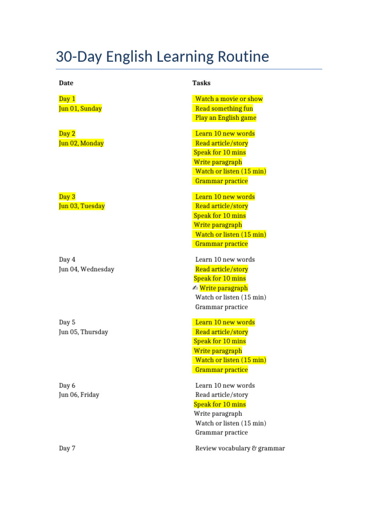 30 Day English Routine Table | PDF | English Language