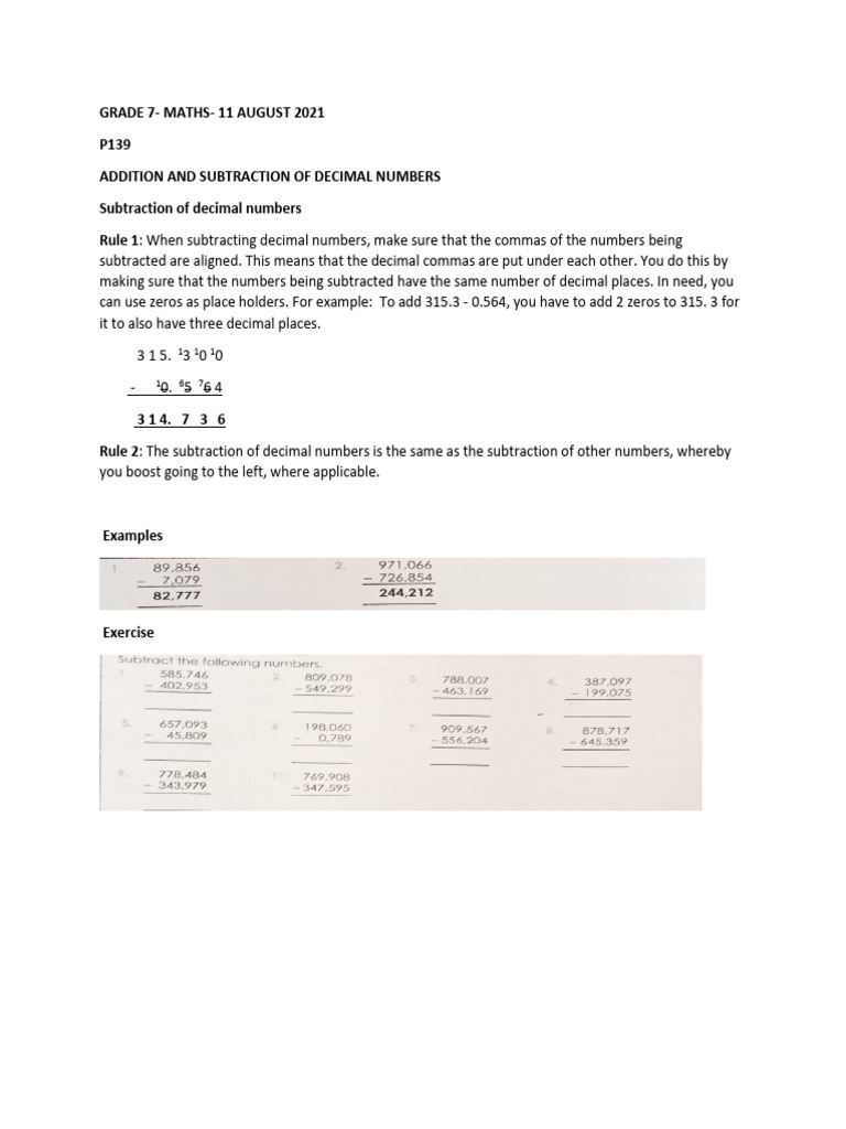 GRADE 7 - MAT - 11 Aug 2021-DeCIMALS - Subtraction of Decimals | PDF