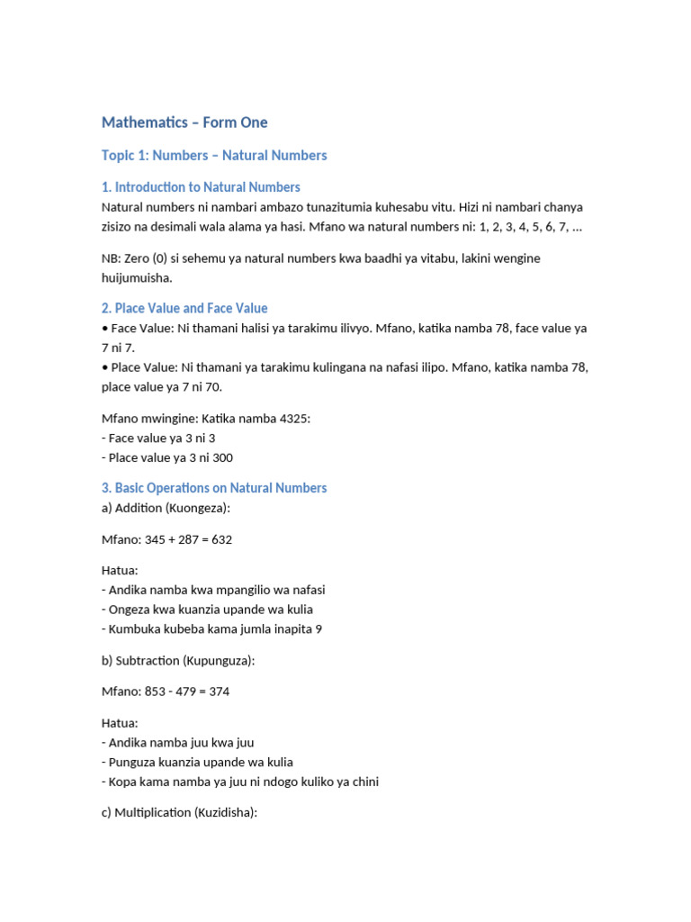 Mathematics Form One Topic 1 Natural Numbers | PDF | Mathematical ...