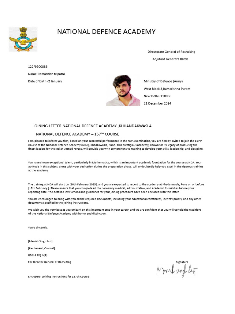 NDA 157th Course Joining Letter | PDF