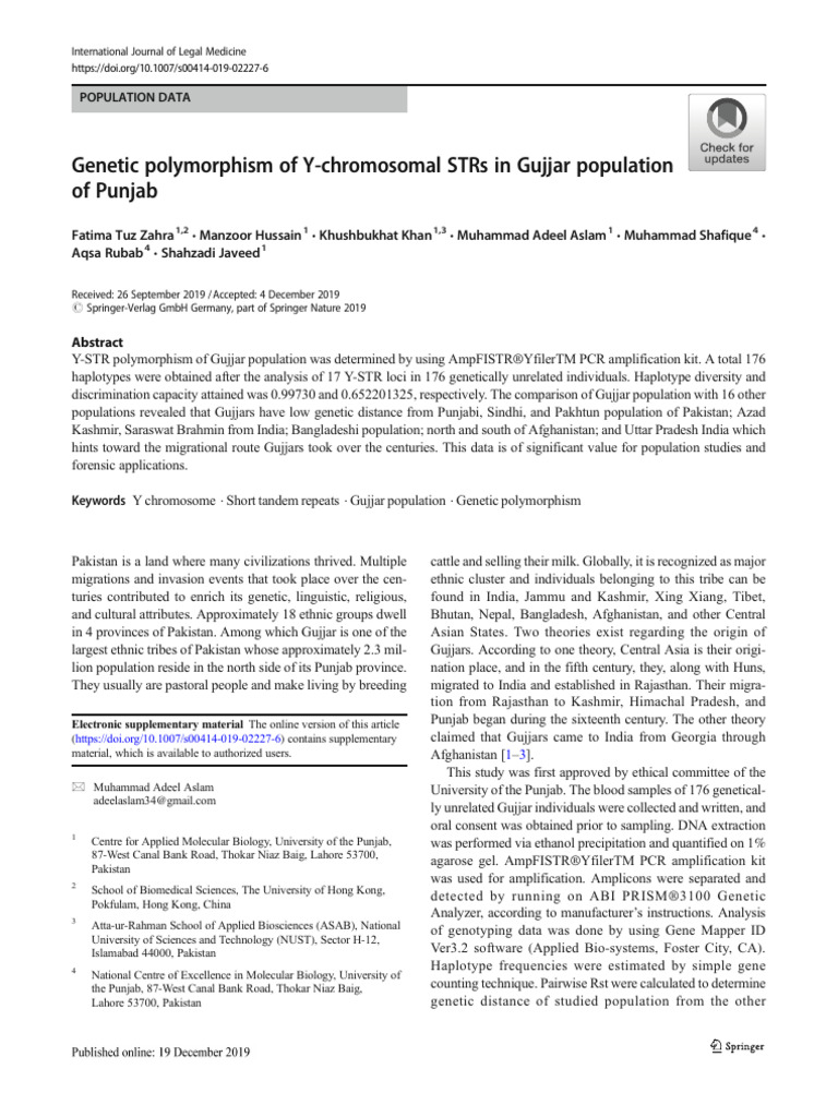 Y-STR Polymorphism in Gujjar Population | PDF | Haplotype | Molecular ...