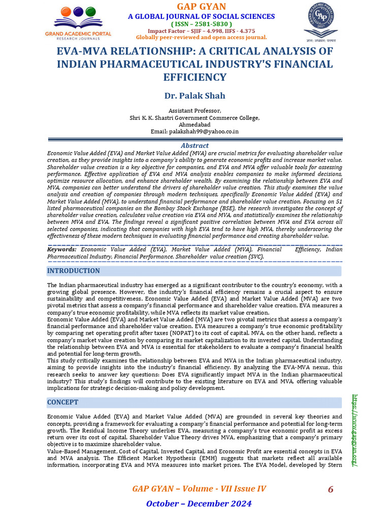 EVA-MVA RELATIONSHIP - A Critical Analysis of INDIAN PHARMACEUTICAL INDUSTRY'S FINANCIAL ...