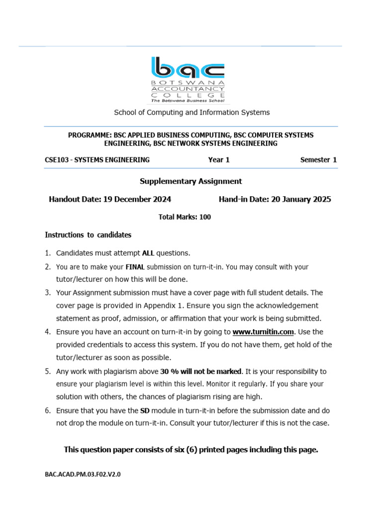 Systems Development Supp Assignment Question Paper Dec 2025 | PDF | Plagiarism | Computing
