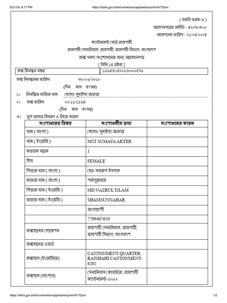 MST Sumaya Akter 1 Female MD Nazrul Islam Shamsunnahar | PDF