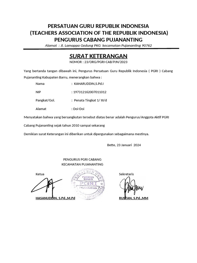 Surat Keterangan PGRI | PDF
