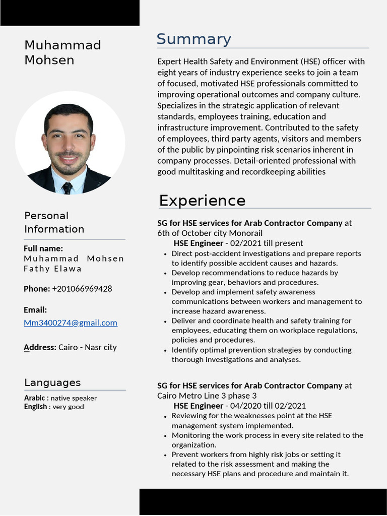 HSE Engineer Muhammad Mohsen CV | PDF | Occupational Safety And Health | Safety