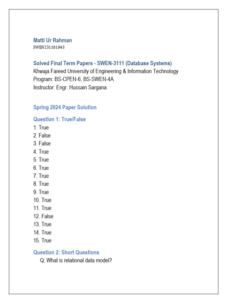 Database Systems Final Term Solutions | PDF | Relational Database ...