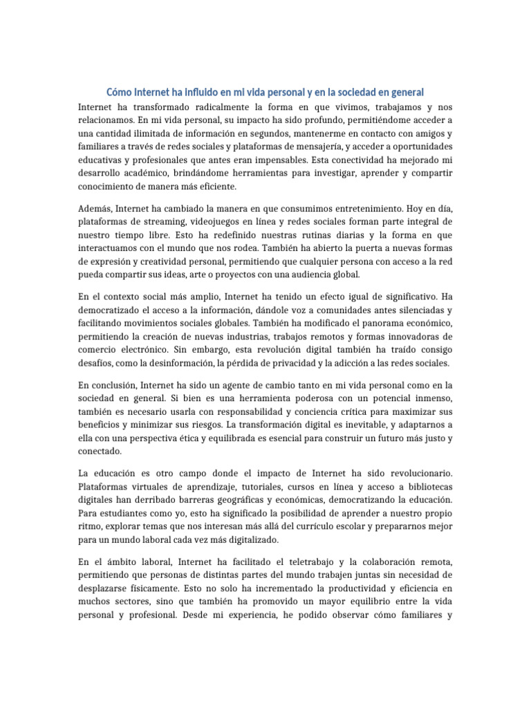 Influencia de Internet Ensayo Completo | PDF | Internet