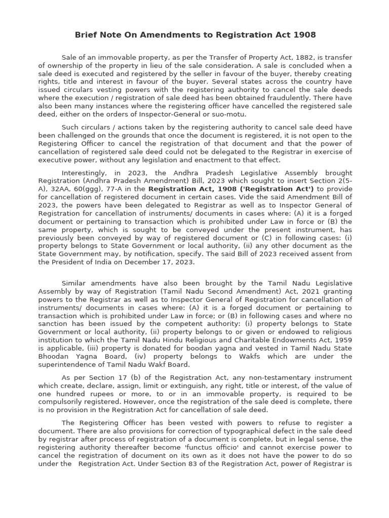 Brief Note On Registration Amendments Acts | PDF | Deed | Civil Law (Common Law)