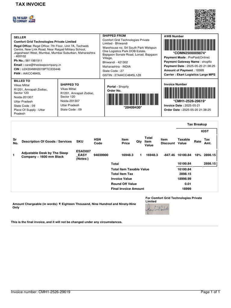 Final Invoice from Comfort Grid Technologies | PDF | Invoice | Taxes