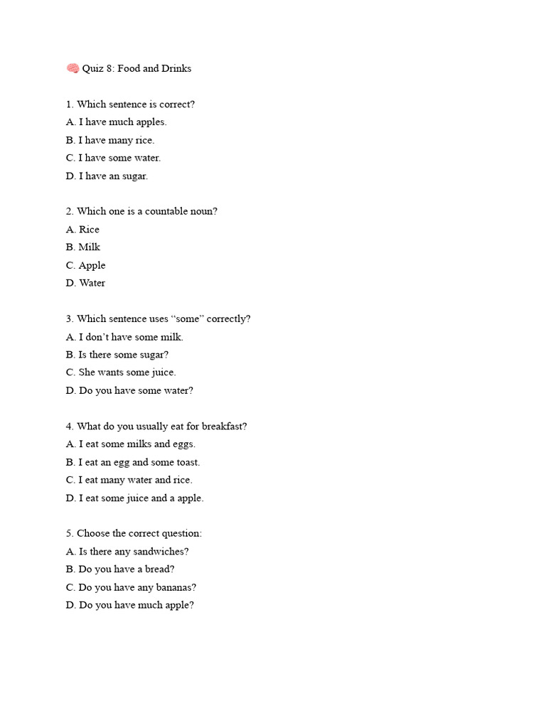 Food and Drinks Quiz Questions | PDF