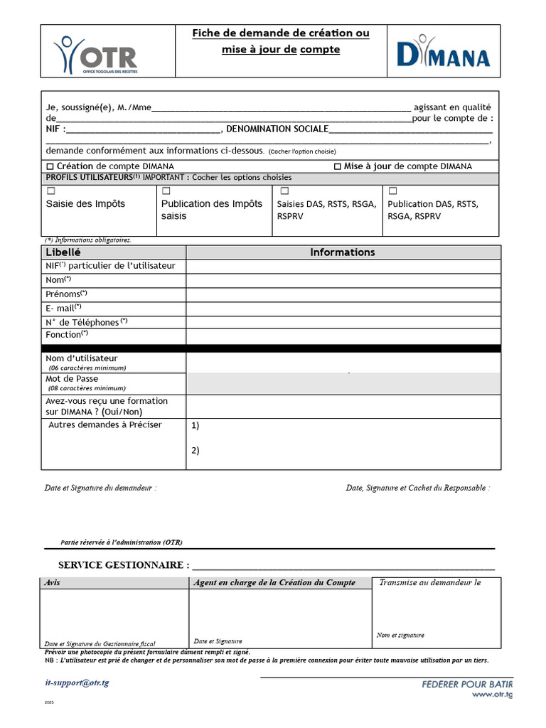 Fiche de Demande de Création de Compte de DIMANA - Ev3 | PDF