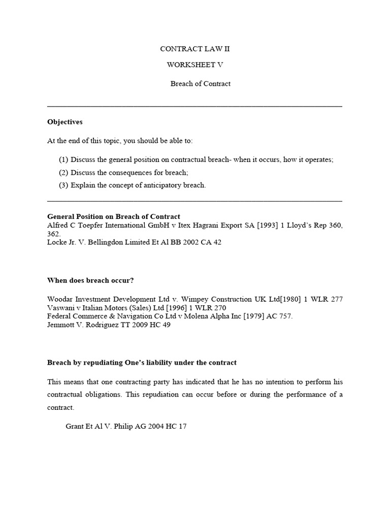 Worksheet 5 - Breach of Contract | PDF | Breach Of Contract | Damages