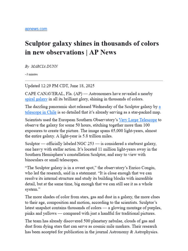 Sculptor Galaxy Shines in Thousands of Colors in New Observations - AP ...