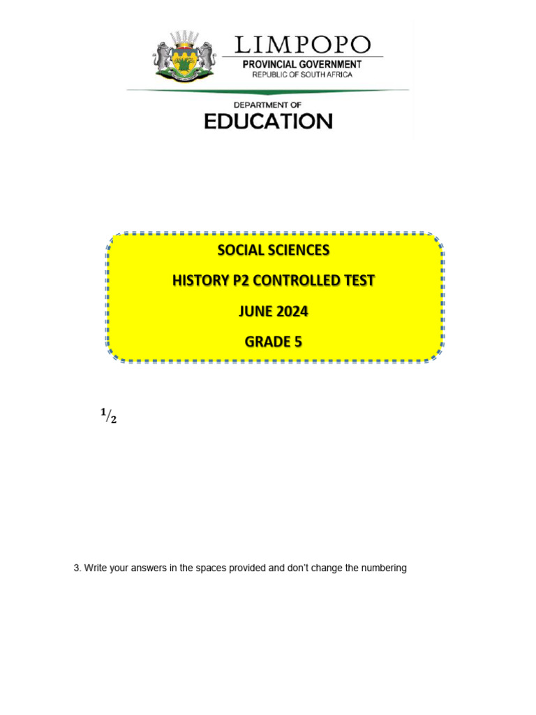 Social Sciences History Grade 5 Controlled Test Term 2 2024 | PDF ...