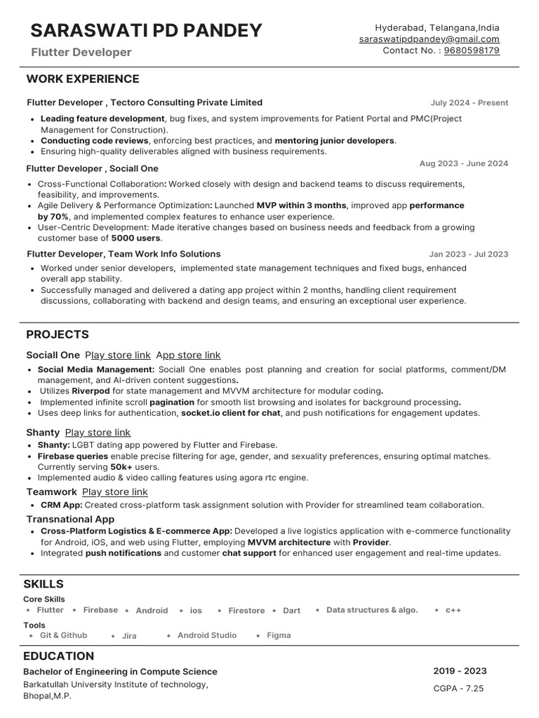 Saraswati Pandey Flutter CV | PDF | Mobile App | Google Play