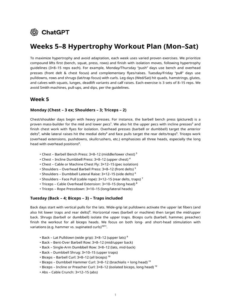 Weeks 5-8 Hypertrophy Workout Plan (Mon-Sat) | PDF | Weight Training ...