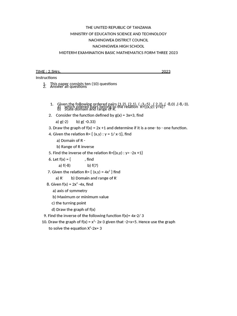 Mathematics Form Three Mid Term | PDF