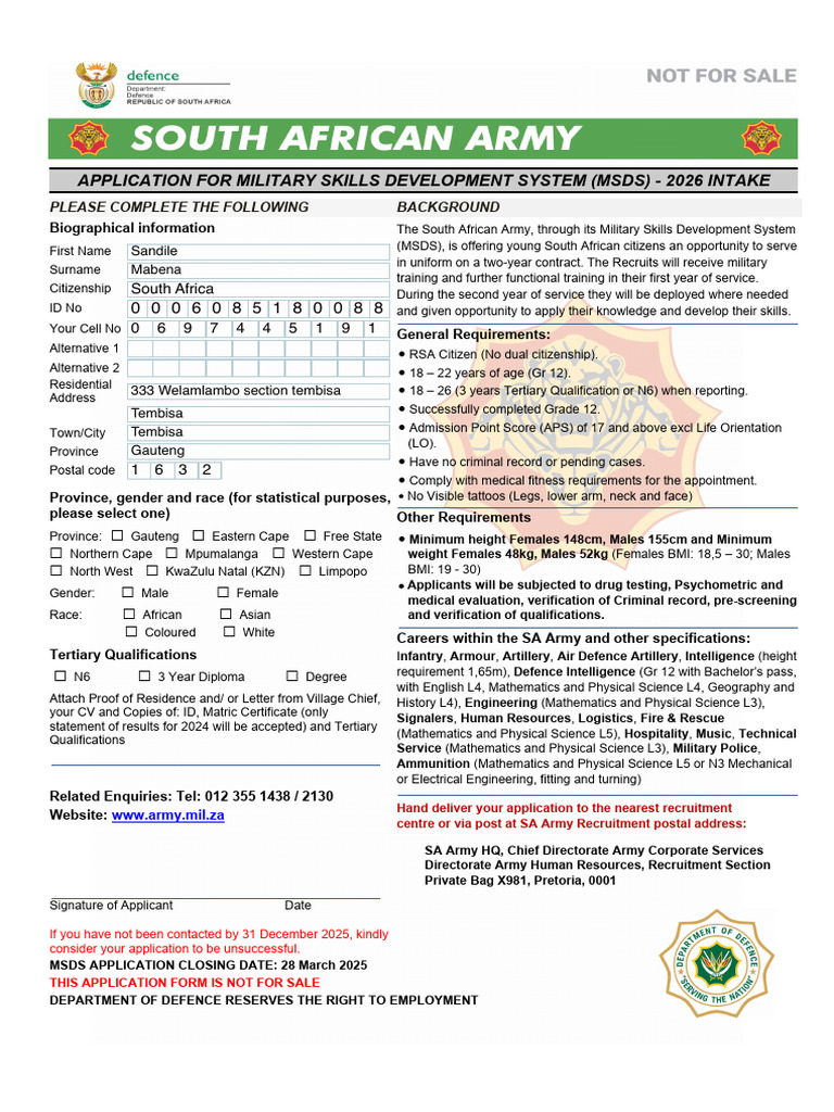 SA Army MSDS Application 2026 (5) | PDF